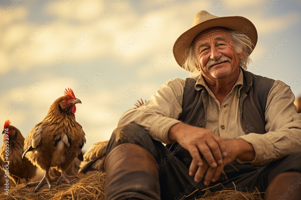 portrait of a funny old man, a villager, he sits on the hay in the yard ...