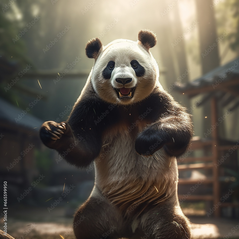 "Bold and dynamic illustration of an upright panda, fists up in a ...