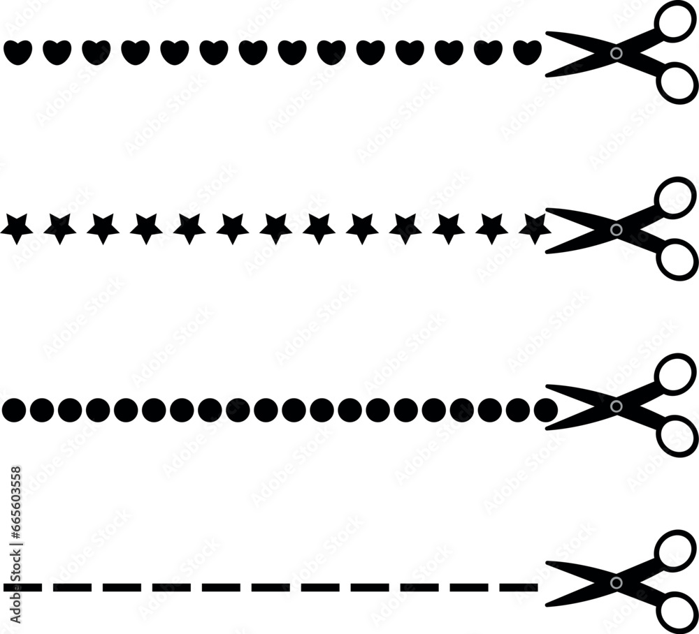 Cut line with scissors in the form of hearts, stars, circles, dotted ...