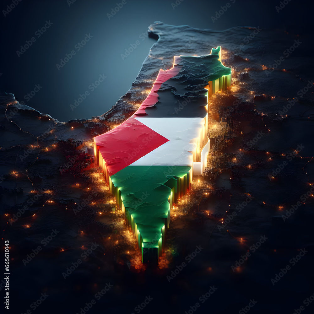 3d render of palestine map with flag inside with flowers and light ...