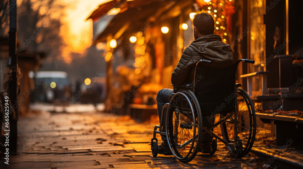 Middle-aged man in a wheelchair looking at a group of diffuse people ...