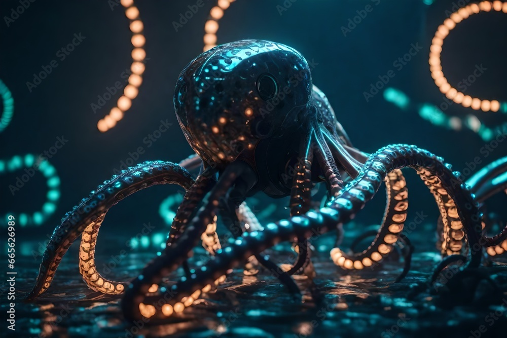 Visualize a robotic octopus with advanced camouflage abilities and a ...