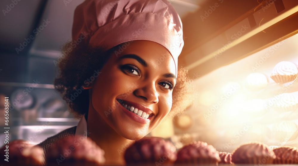 Cheerful black female baker portrait proudly displaying her scrumptious ...