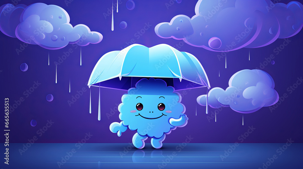 Funny cheerful rain cloud taking cover beneath umbrella, cute cloud ...