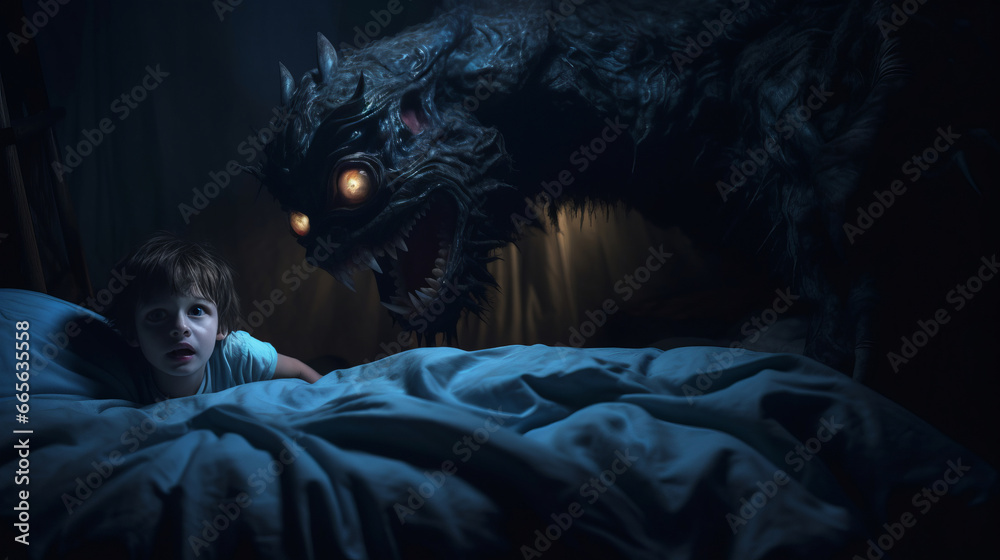 Frightened little boy lies awake in bed due nightmarish dream ...