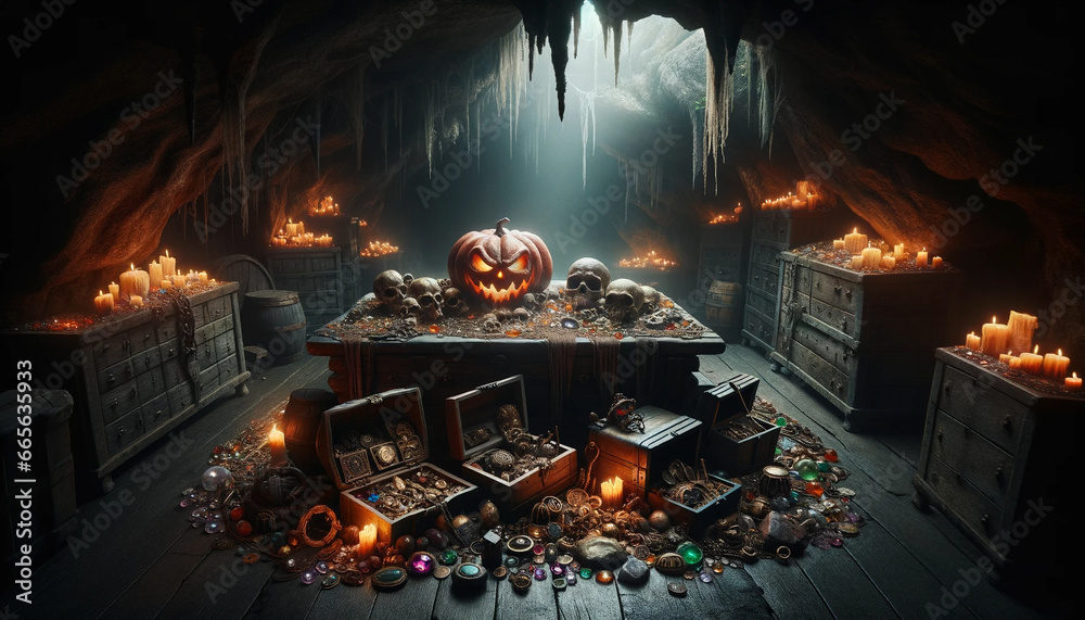 A treasure trove hidden deep within a spooky cave. The scene is bathed ...