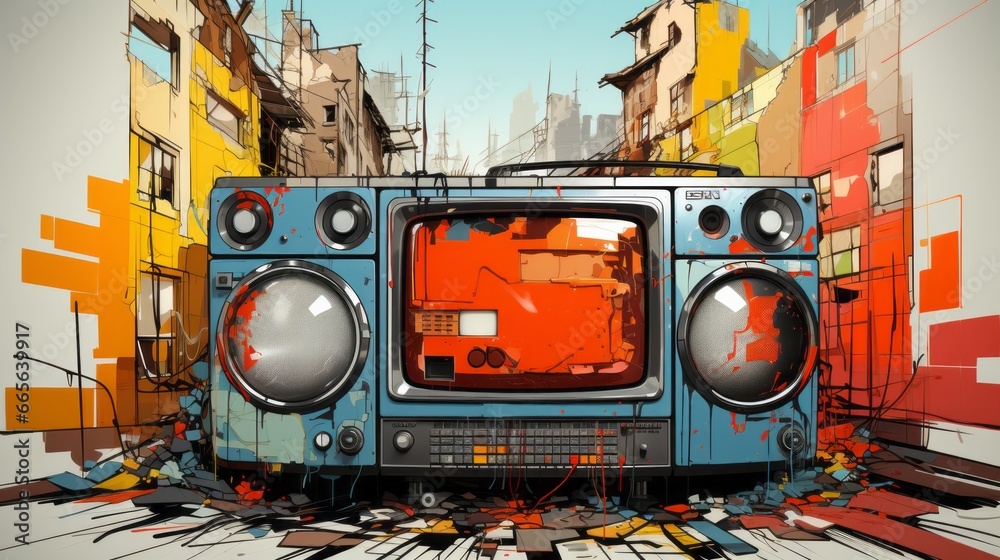 A vibrant and chaotic collision of colors and textures, as a train ...