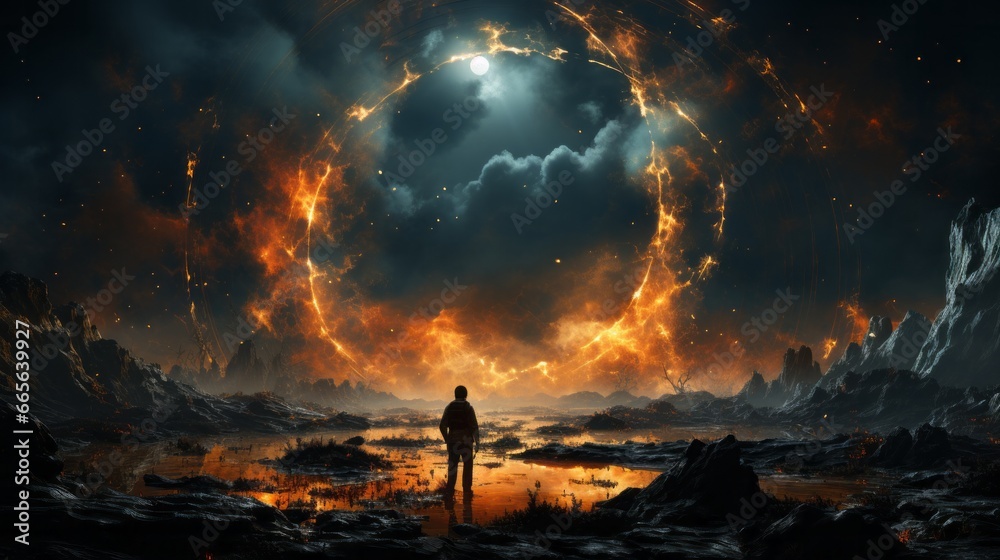 As the man stood in the fiery field, surrounded by billowing clouds and ...