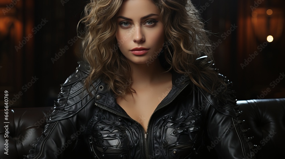 A fierce gothic woman with wild hair exudes confidence in her leather ...