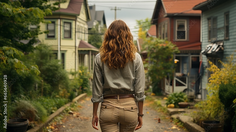 A fashion woman struts confidently down vibrant autumn street, her ...