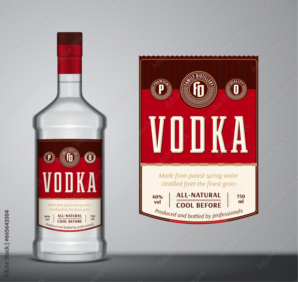 Vector red and beige vodka label template. Vodka glass bottle mockup ...