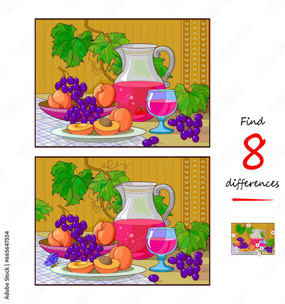 Find 8 differences. Illustration of a still life with peaches and ...