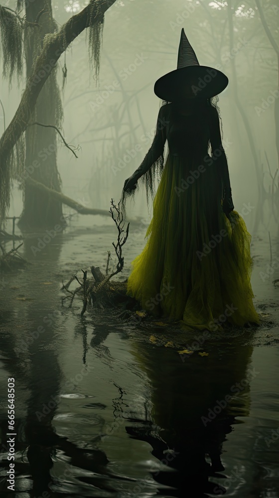 Swamp Specter Witch: Capture a witch in a foggy swamp, her figure hazy ...