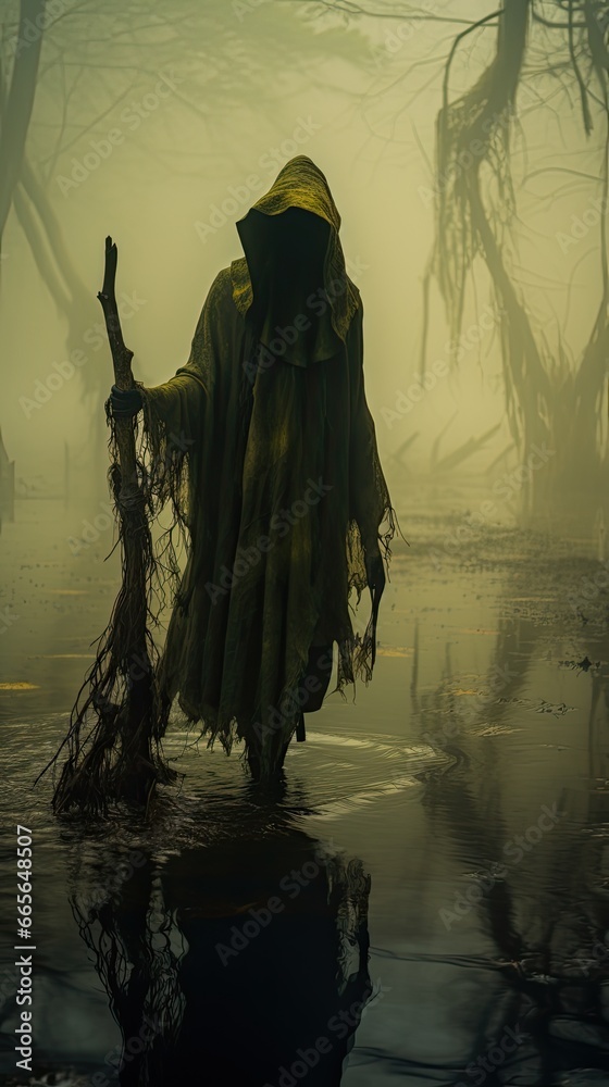 Swamp Specter Witch: Capture a witch in a foggy swamp, her figure hazy ...