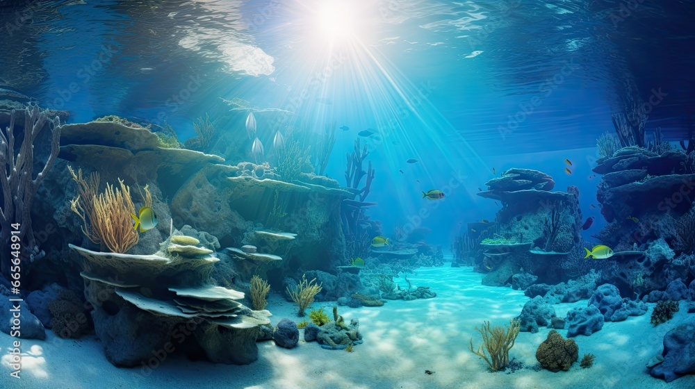 Underwater world, beautiful tropical marine landscape. Algae, rocks and ...