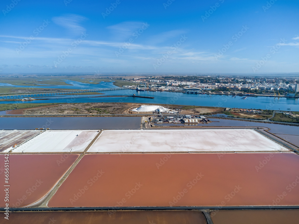 Aerial drone view of salt production in the evaporators of sea salt in ...