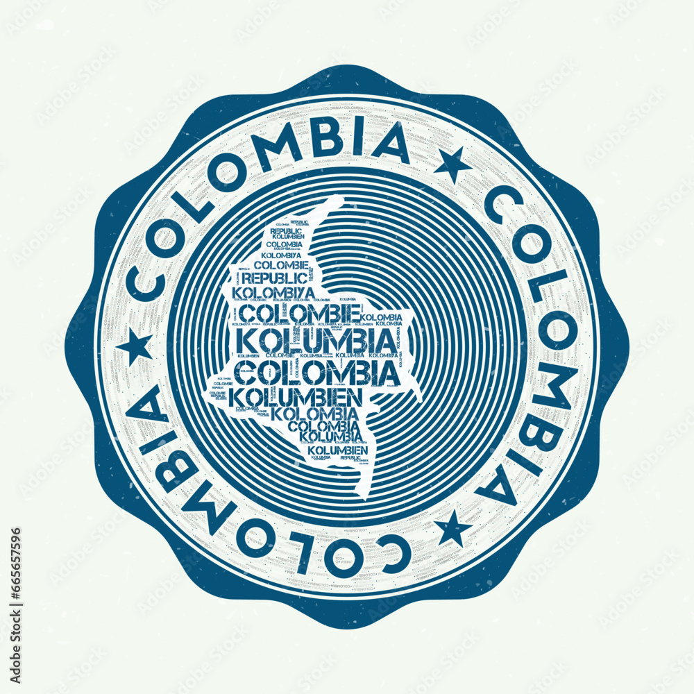 Colombia seal. Country round logo with shape of Colombia and country ...
