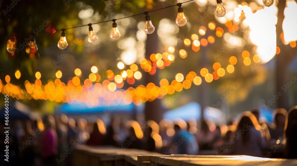 A bustling street fair filled with pedestrians under the glow of ...