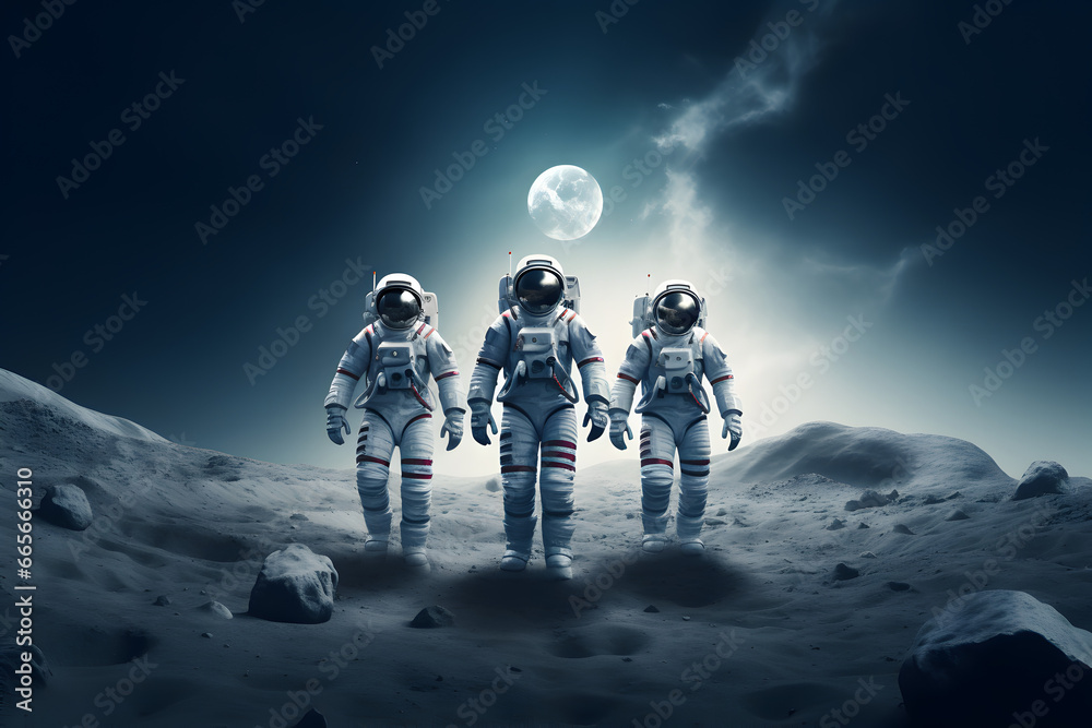 Three spacemen or astronauts walking on the moon. Stock Photo | Adobe Stock