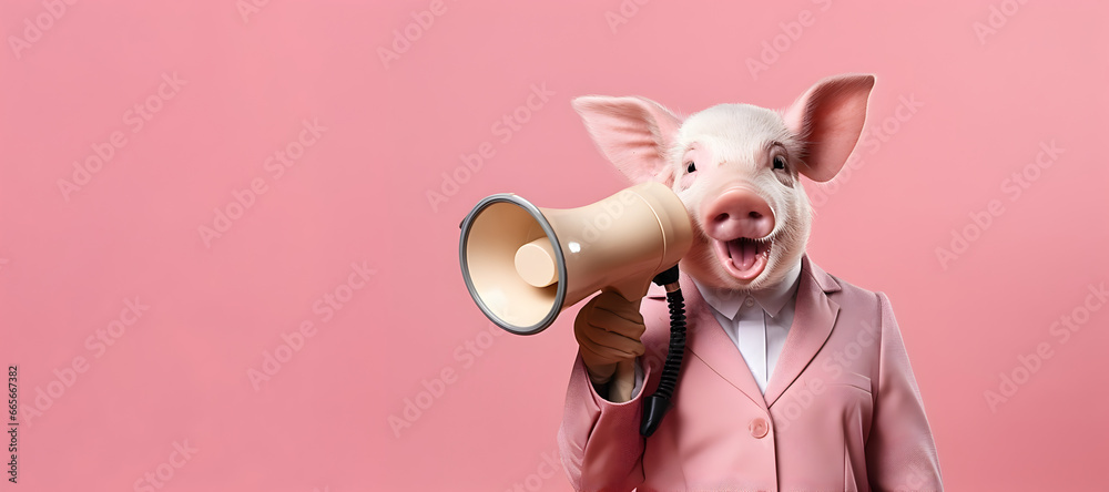 Pig announcing using hand speaker. Notifying, warning, announcement ...