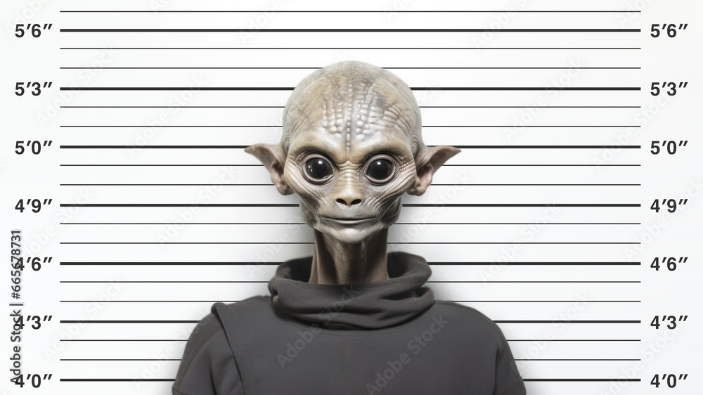 Police mugshot of a gray-skinned alien wearing casual clothes, standing ...