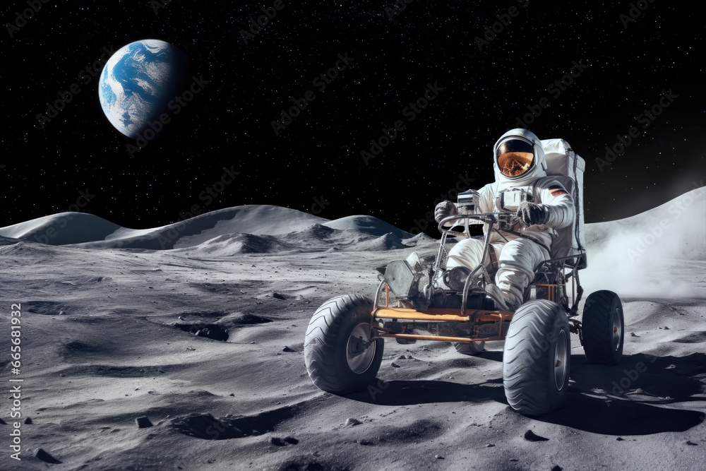 Astronaut driving a space rover on the moon's surface, illustrating ...