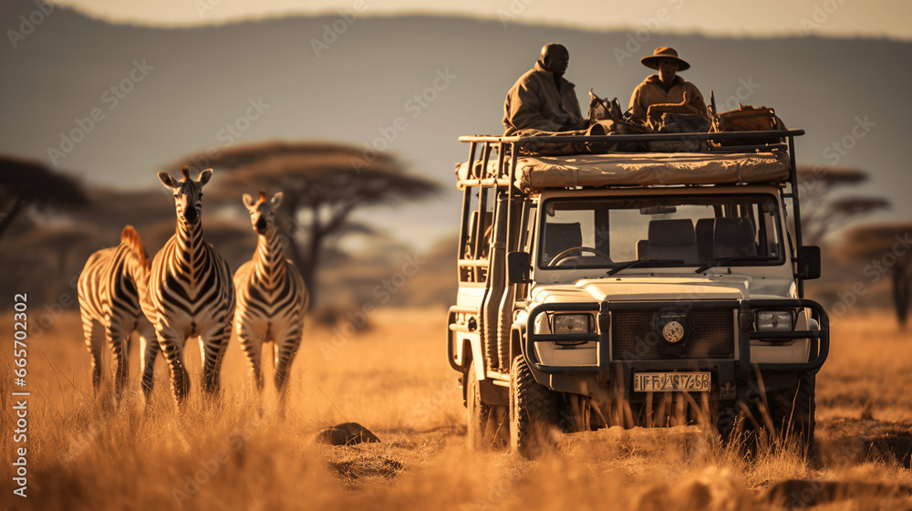 Plakat Obraz African safari jeep with group of zebras in the background 40x22.2 cm