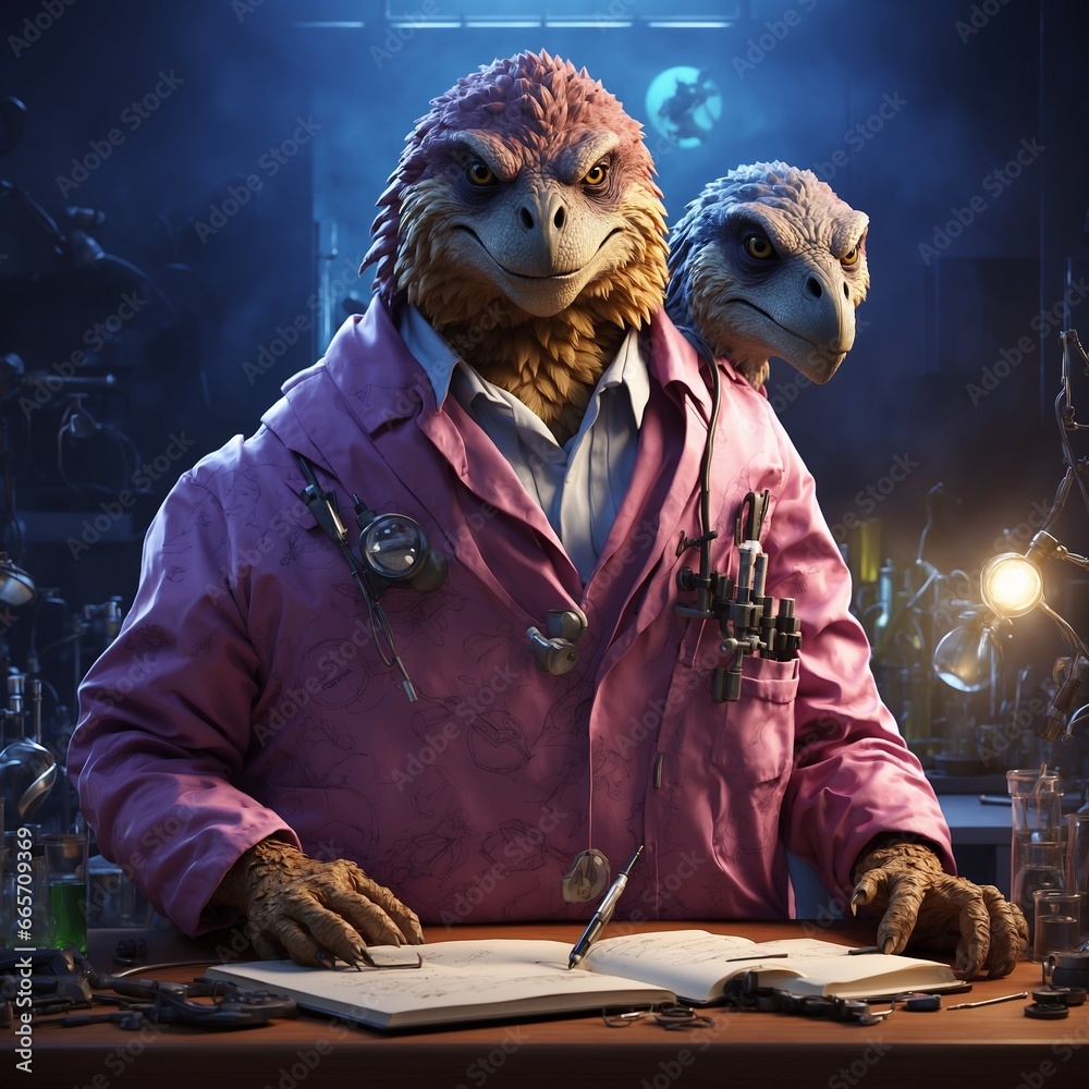 An incredible logo, raptor with professor pajama, in the laboratory ...