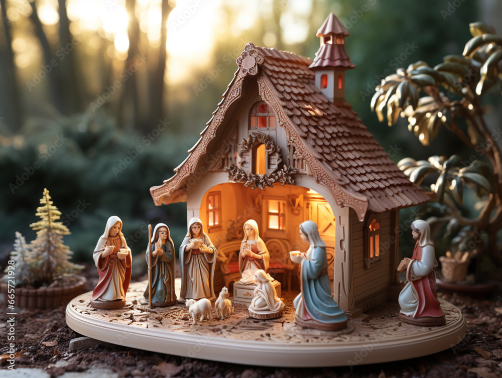 Christmas nativity scene, with the three kings, sheep and donkeys and ...