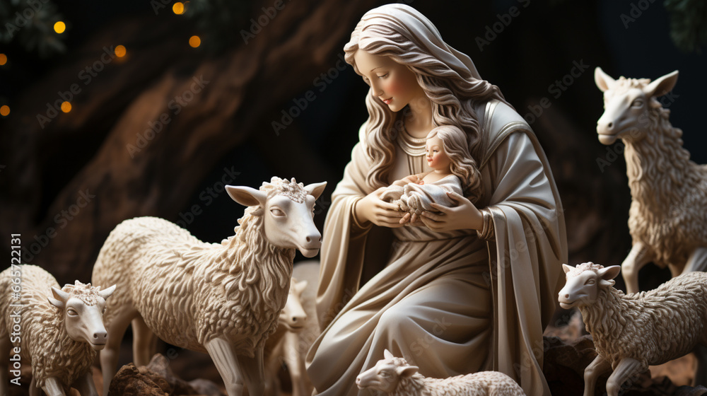 Christmas nativity scene, with the three kings, sheep and donkeys and ...