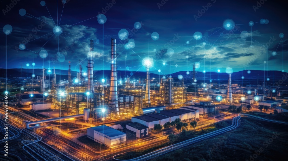 Modern factory, communication network. Telecommunication. IoT, Internet ...
