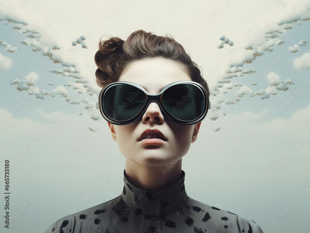 The charming combination of a woman wearing black glasses Thinking of ...