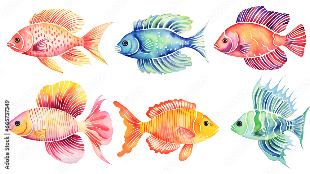 Watercolor Set of set of tropical fish elements collection clipart ...