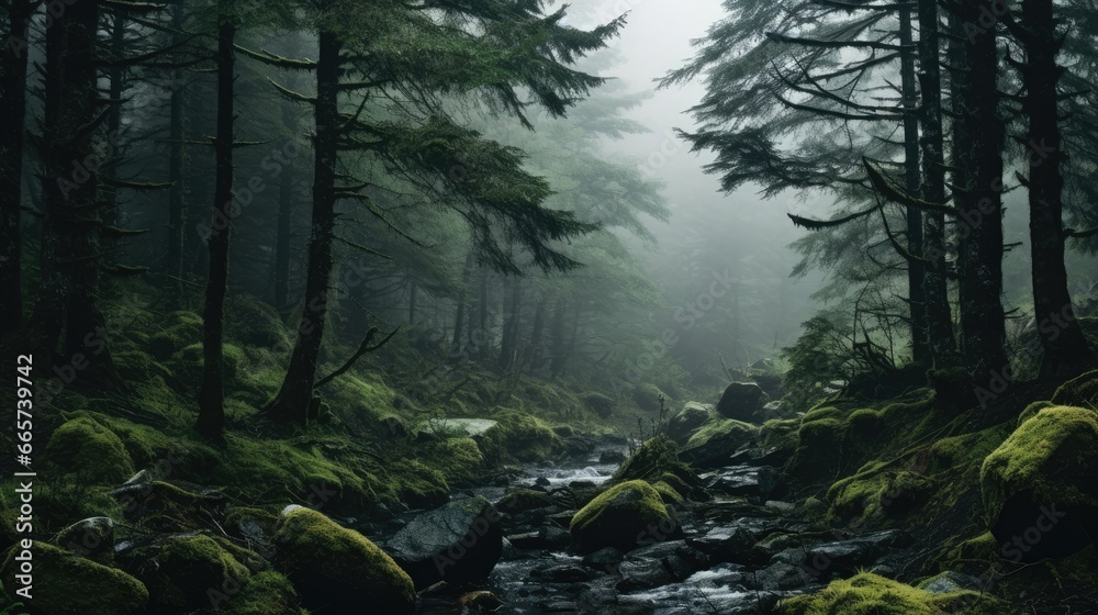 Misty forest with tall, moss-covered trees, enveloped in dense fog. Serene and atmospheric, the ...