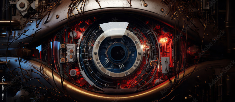 Robotic blue eye,realistic close up view, panorama. A futuristic ...