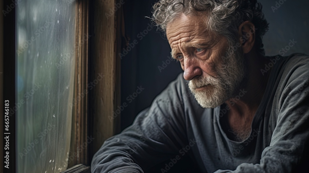 Depressed sad looking old man near a window. Dramatic concept for mental illness, alzheimer ...
