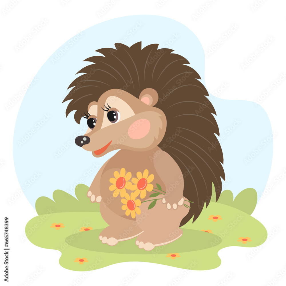 Cute cartoon baby hedgehog with a bouquet of flowers in the meadow ...