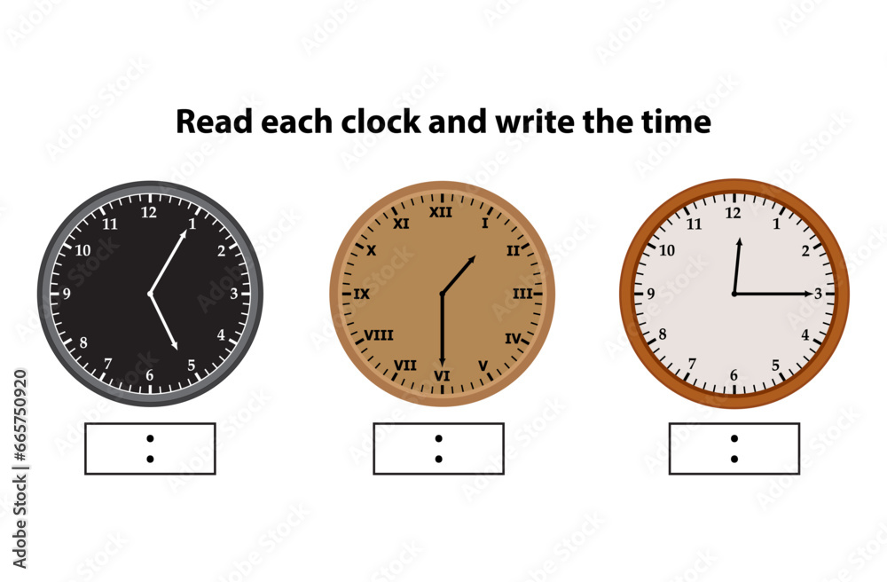 Telling time worksheet. Different color. number clock and Roman letter ...
