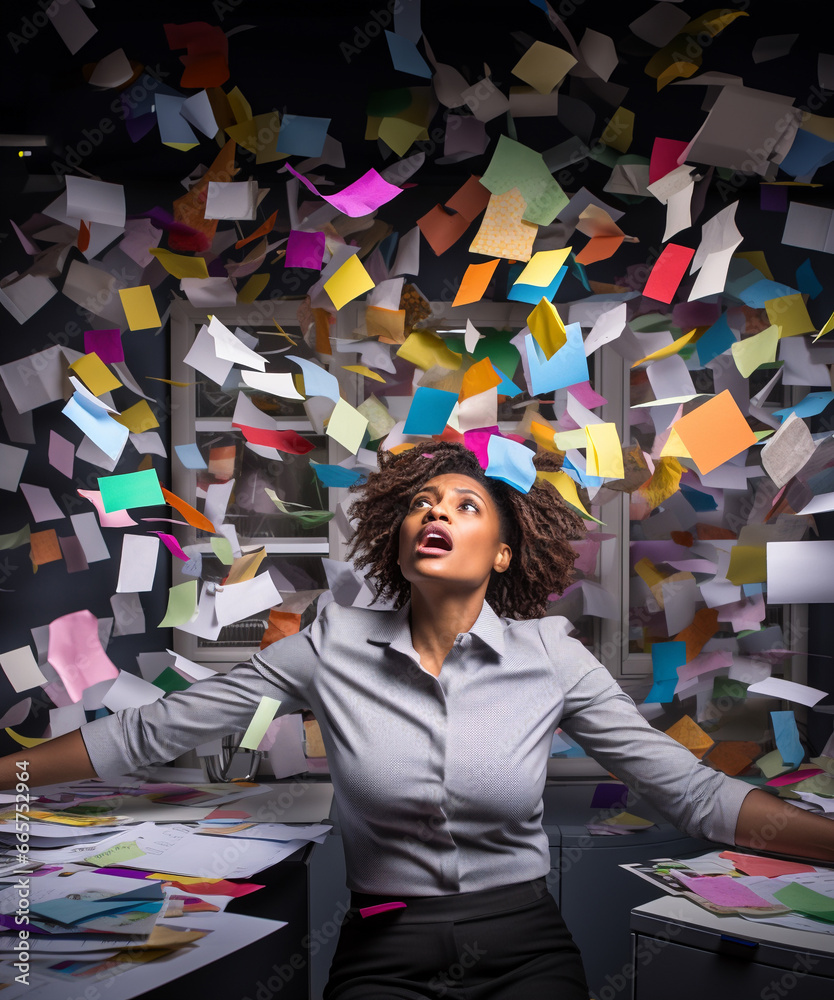 Young black businesswoman in a thicket of office documents. Stress at ...