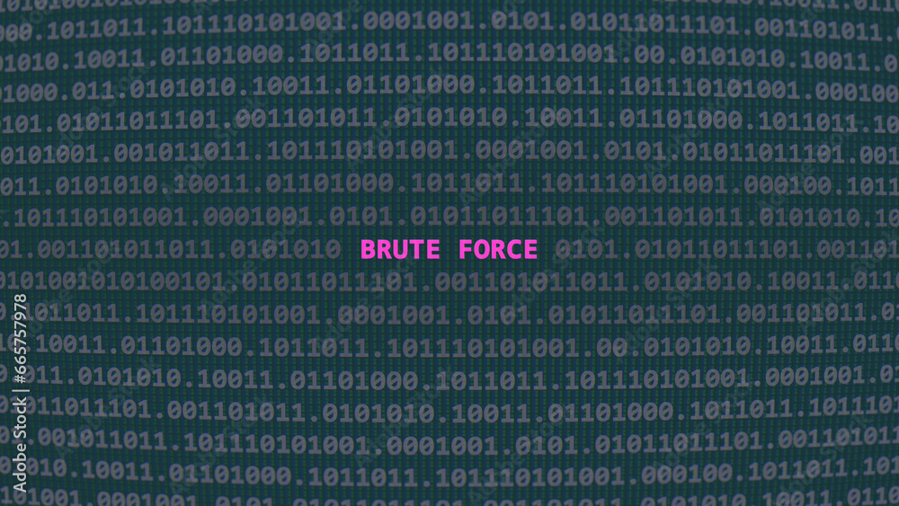 Cyber attack brute force. Vulnerability text in binary system ascii art style, code on editor ...