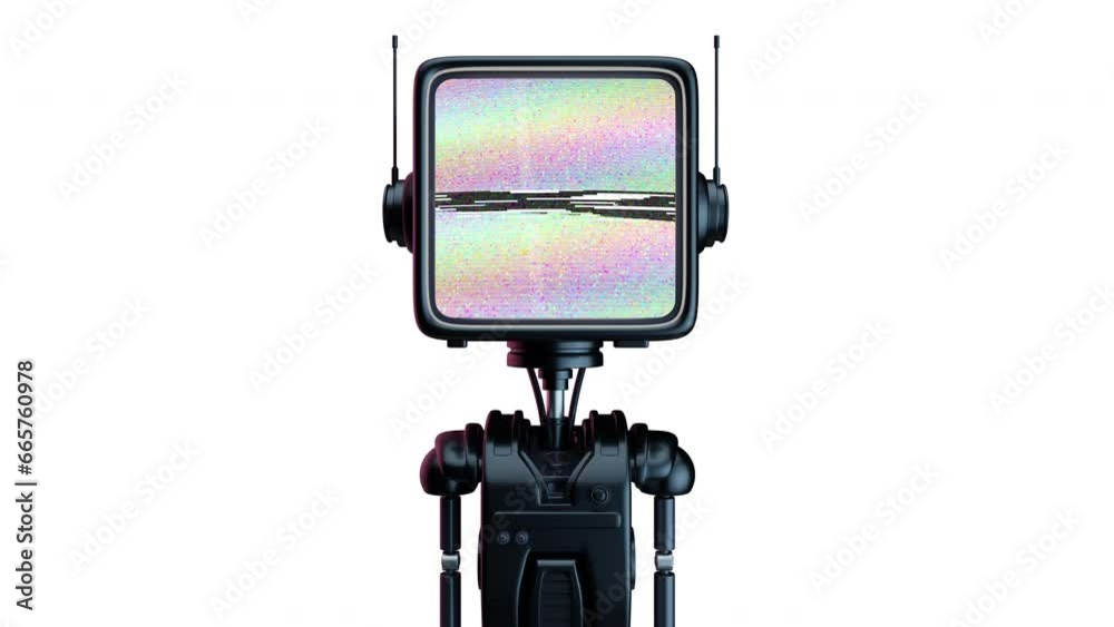 Cartoon robot with head shaped like monitor and digital noise on screen ...