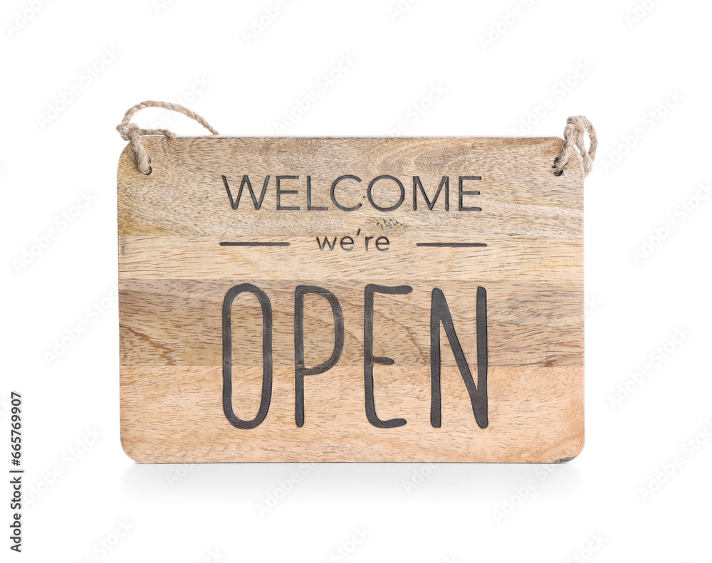 Sign with text WELCOME WE'RE OPEN isolated on white background Stock ...