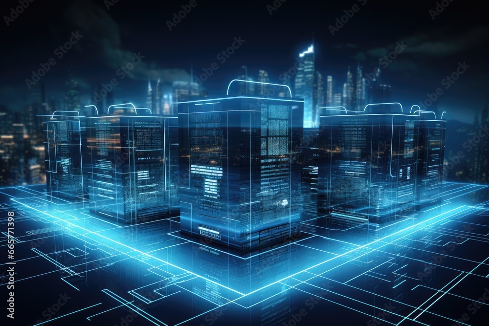 Modern city with glowing lights on dark background. 3D Rendering, IT ...