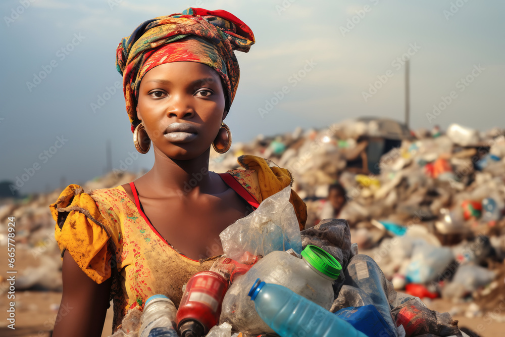 African woman stands among plastic waste in a landfill Stock Photo ...