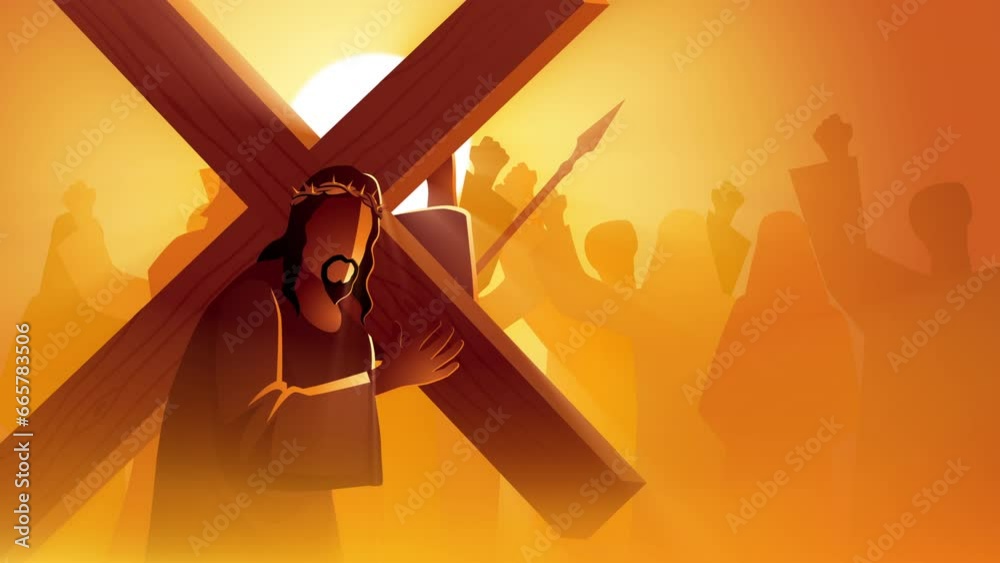 Jesus carrying his cross, as the people of Jerusalem cheer to mock him ...