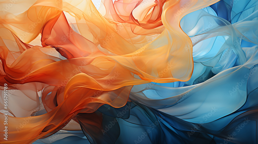 An abstract image composed of layers of translucent forms and textures ...