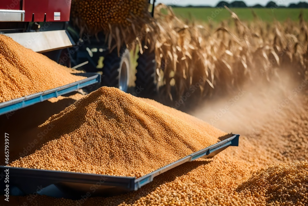Harvester loading freshly harvested corn, soybeans, or other grains ...