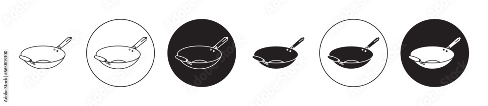 wok icon set. chinese food fry wok vector symbol in black filled and ...