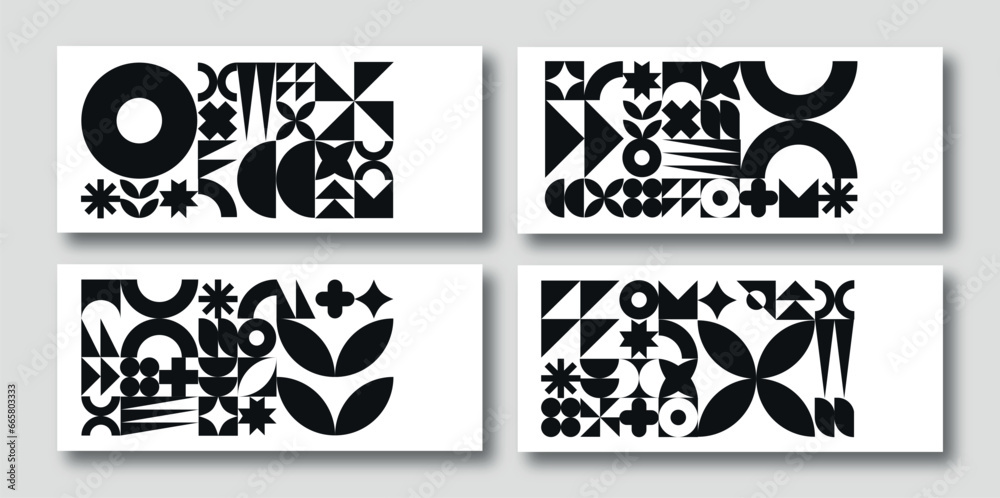 Set of geometric black and white poster, bauhaus shapes pattern ...