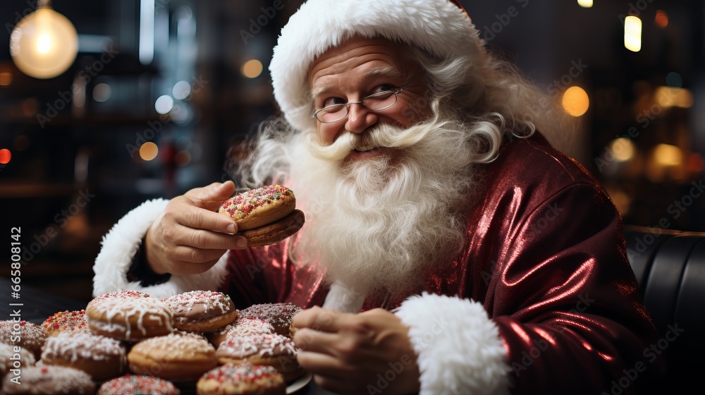 Santa Claus eats donuts in a cafe. A treat for a fairy tale character ...